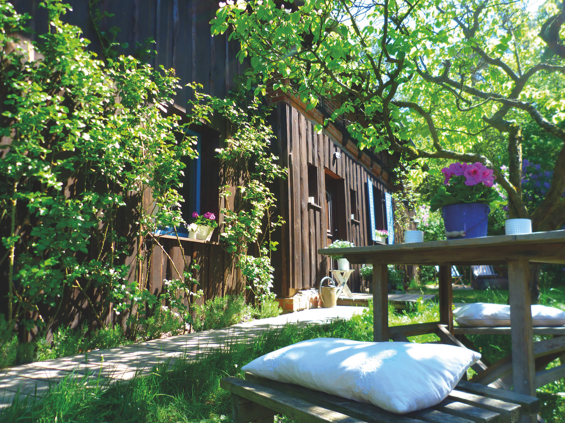 Hausansicht-seitlich mit Kissen und Tisch_©Jebens - Weltwach